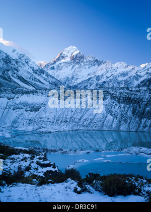Sunset over Mueller Glacier Lake and Hooker Valley in winter seen from ...