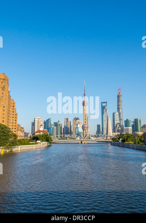 Waibaidu Bridge, Oriental Pearl Tower, skyline on the Bund promenade ...