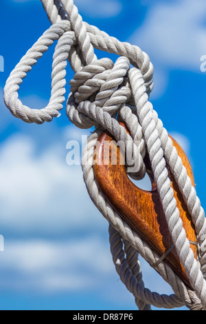 Wooden deadeyes with rope on a sailing vessel Stock Photo - Alamy