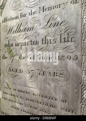 Old gravestones with ornate engraved cursive lettering, St Mary's ...