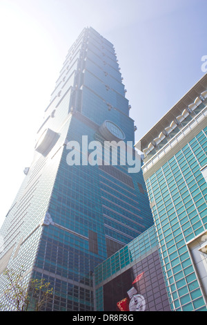A low angle view of Taipei 101, a supertall skyscraper in Xinyi ...