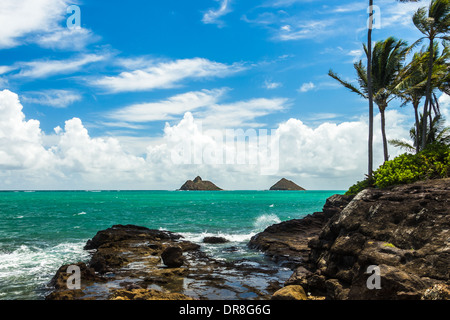 A view of Na Mokulua Islands, also known as The Mokes and Twin Islands ...