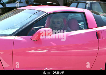 Los Angeles icon, Angelyne drives down the street in Beverly Hills in ...