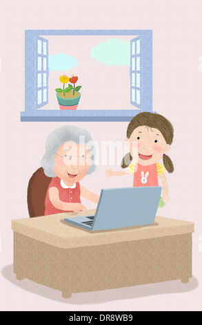 Group of people studying on PC - vector illustration Stock Photo - Alamy