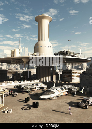 Control Tower at a Future City Spaceport Stock Photo - Alamy