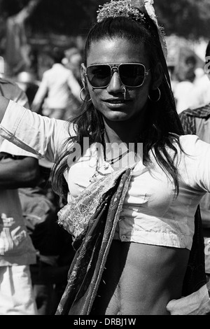 Eunuch hijra in blouse saree and glasses Vautha fair Gujarat India Asia ...
