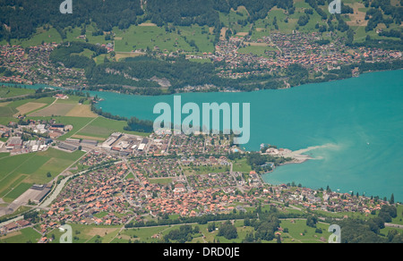 The Brienzersee (Lake Brienz) and the town of Bönigen from the heights ...