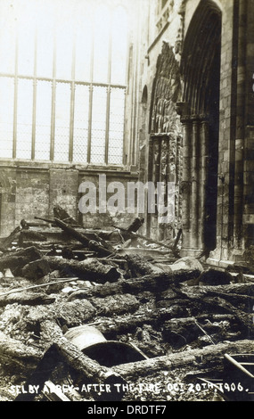 Fire damaged roof timbers on a Victorian building in Oldham Greater ...