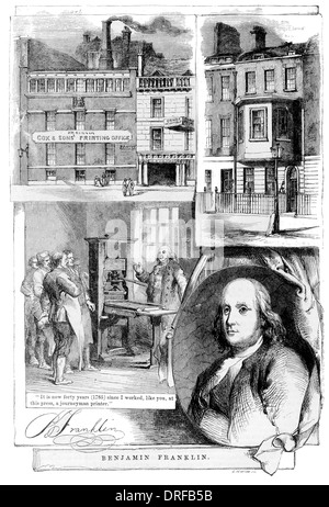 Benjamin Franklin at his printing press Philadelphia. Hand-colored ...