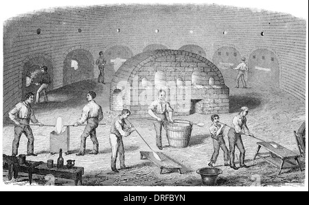 Workers in a crown-glass factory, Great Britain, early 1800s. Hand ...