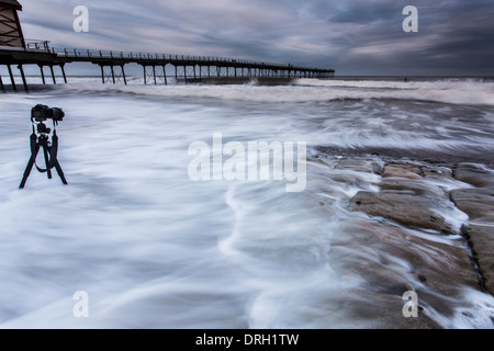 Dawn in Saltburn at High Tide, England Stock Photo - Alamy