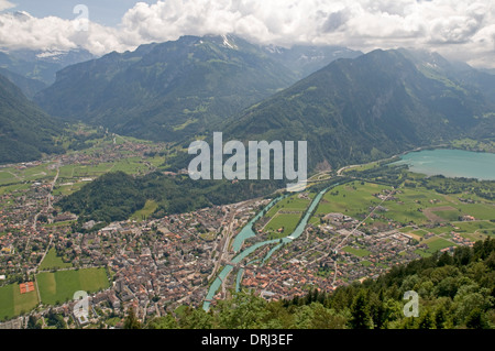 Looking down across Interlaken from a viewpoint at Harder Kulm, with ...