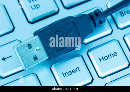 Computer keyboard and usb devise tinted in blue tone Stock Photo - Alamy