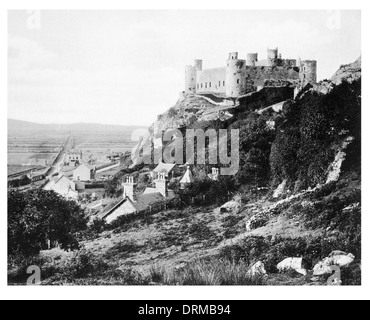 Town of Harlech, Wales. Harlech Castle gatehouse, with the Red Dragon ...