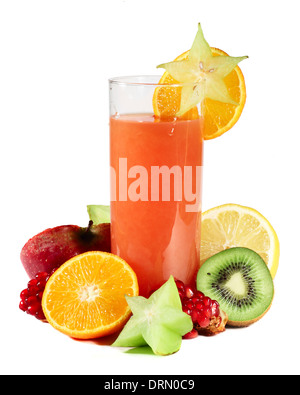 Glass of tropical exotic multifruit juice and fruits at the pier ...