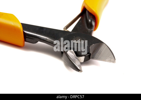 Side cutters with a plastic red-black handle on a white isolated ...