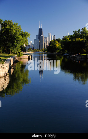 Skyscraper skyline with Lincoln Park Lagoon, Chicago, Illinois, USA ...