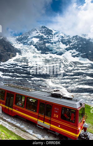 mountain railway train descending into eigergletscher station ...