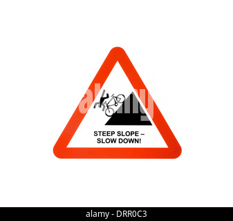 Steep slope slow down sign for cyclists on a public footpath Stock ...