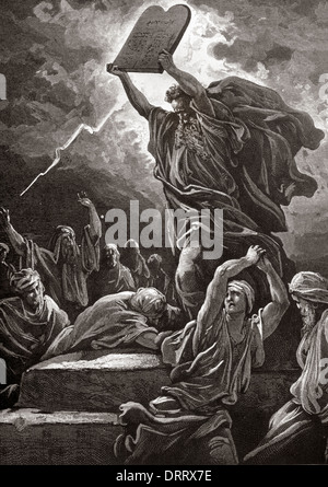 Moses smashing the Ten Commandments tablets after Hebrews' worship of a ...