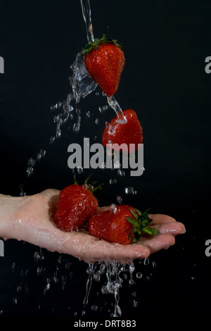 Red strawberry and flowing water on white background. Isolated with ...