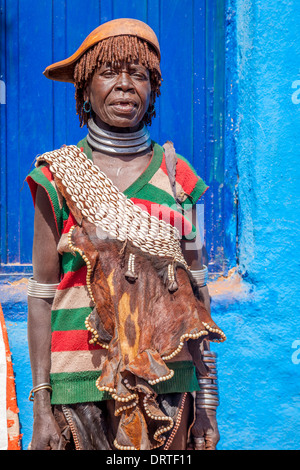 Portrait of a woman of the Bana tribe in traditional dress of the Omo ...