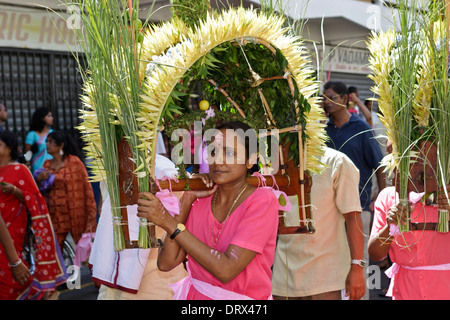 Devotee of the Lord Muruga carrying the Cavadee during the Thaipoosam ...