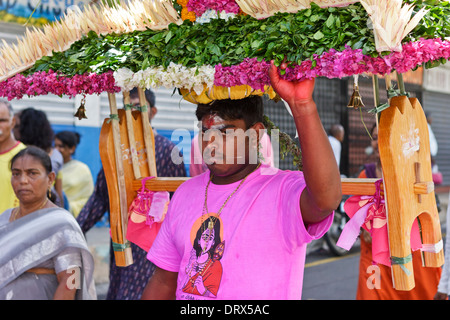 Devotee of the Lord Muruga carrying the Cavadee during the Thaipoosam ...