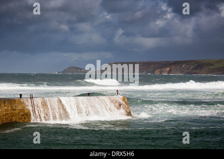 Sennen; Wave Breaking Over Pier; Cornwall; UK Stock Photo - Alamy