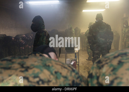 US Marine recruits inside the gas chamber during boot camp January 13 ...
