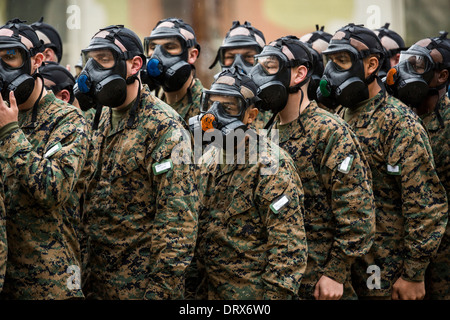 US Marine recruits prepare to enter the gas chamber during boot camp ...