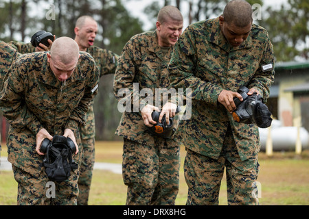 US Marine recruits choke and gasp for air after exiting the gas Stock ...