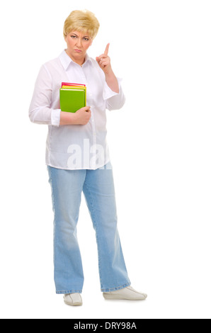 serious woman with a stack of books pointing up Stock Photo - Alamy