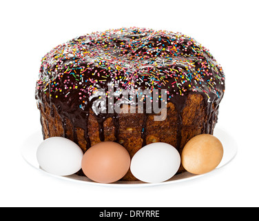 Easter cake with glace icing and easter eggs on white background Stock ...