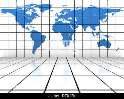 Tiled background scene with blue world map on the vertical wall ...