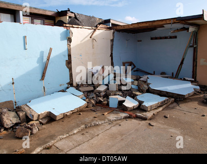 Beach huts destroyed by storms, Crooklets Beach, Bude, Cornwall, UK ...