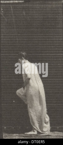 A draped woman is seen stepping on a chair, reaching up, and descending ...