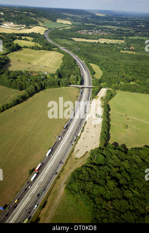 Aerial view M25 Motorway London Orbital Route high visibility workmen ...