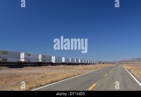 Huge American multiple unit freight train with 4 locomotives runs along ...