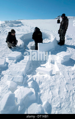 Inuit cutting snow blocks using a saw and a knife to make an igloo ...