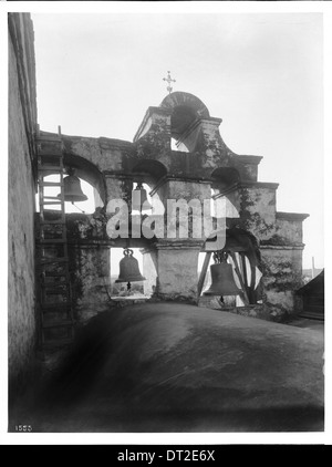 A photograph showing the rear view of the bell tower at Mission ...