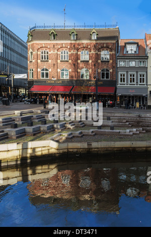 Aarhus City center with river and shopping street with lots of stores ...