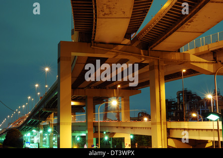 intensive structure of Tokyo highway junction at night time, Japan ...
