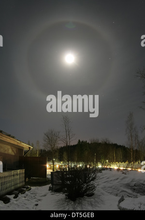 A 22 degree halo around the full moon in a sky of high cirrus clouds ...