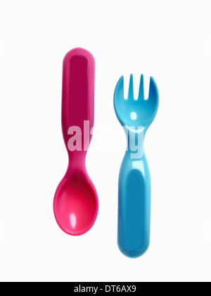 Pink Baby Spoon and Blue Plastic Fork Isolated on White Background ...