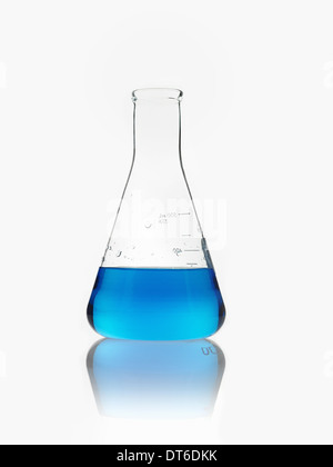 Conical flask with light blue liquid isolated on white Stock Photo - Alamy