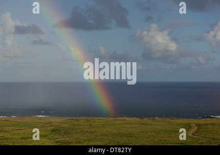 Rainbow sweeping in from the sea, seen from Rana Raraku, Rapa Nui ...