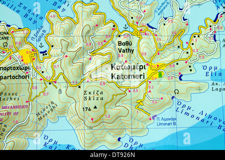 Close up detail of map of Meganisi Island, Ionian Islands, Greece Stock ...