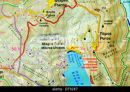 Close up detail of map of Meganisi Island, Ionian Islands, Greece Stock ...