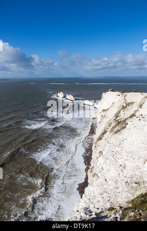 The Needles and white chalk cliffs, breaking waves, and The Old Battery ...
